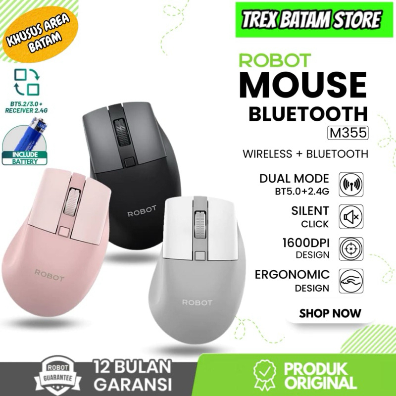 Jual MOUSE DUAL MODE BLUETOOTH & WIRELESS WITH SILENT CLICK ROBOT M355 NEW DESIGN 2024 GARANSI ...