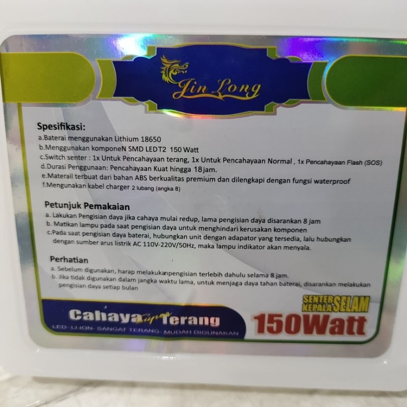 Jual Senter Selam Kepala LED 150watt JINLONG JL-132P Lithium Batteray 7000mAh | Shopee Indonesia