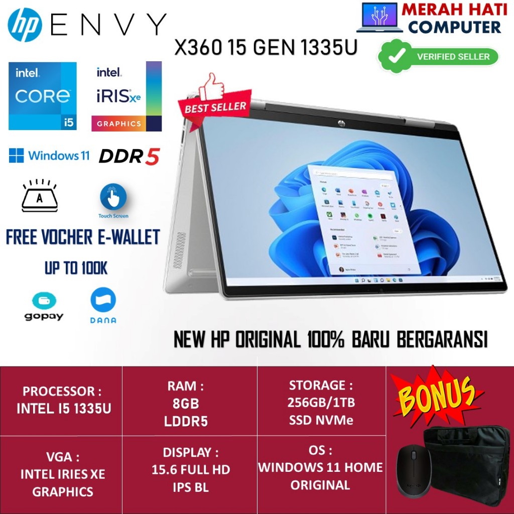 Jual LAPTOP 2in1 Touch HP ENVY X360 14 & 15 INTEL i5 1335U 8GB 1TB Iris Xe 15.6 FHD IPS Touch BL ...