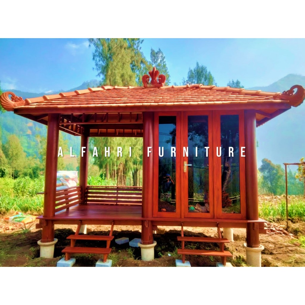 Jual Gazebo Minimalis Kayu Custom Dinding Kaca Atap Genteng Sirap 2x4 ...