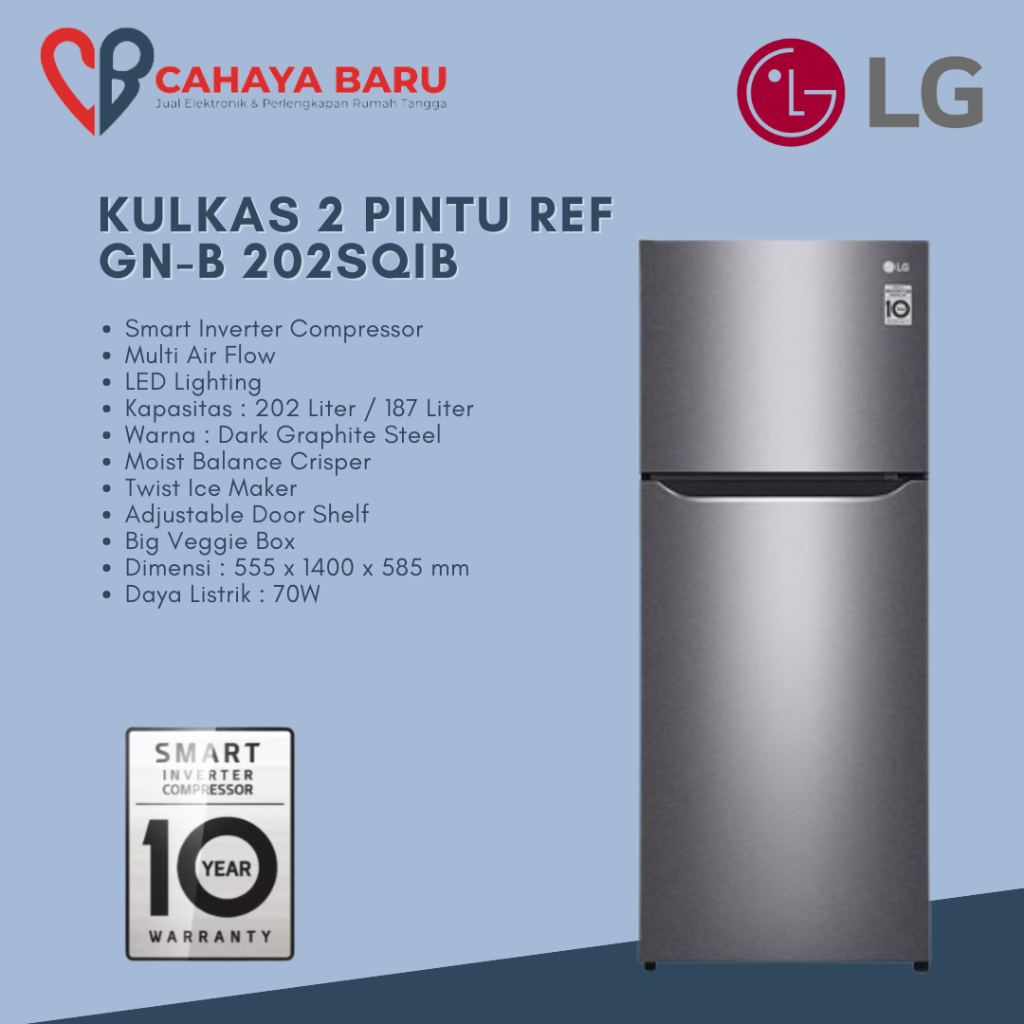 Jual LG KULKAS 2 PINTU INVERTER REF GN-B 202SQIB | Shopee Indonesia