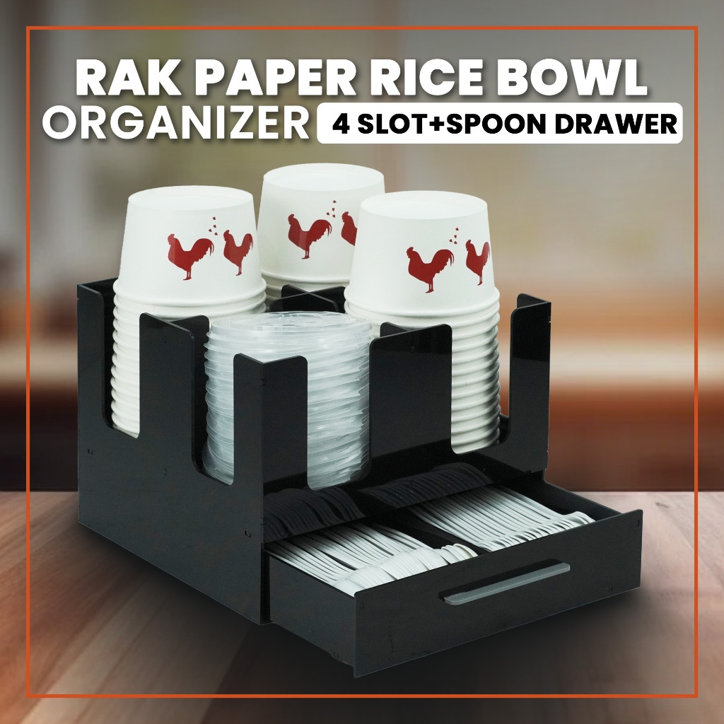 Jual Rak Paper Rice Bowl / Paper Bowl Organizer 4 Slot With Spoon ...