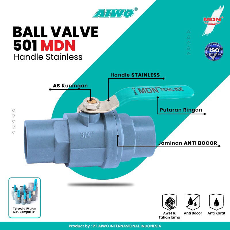 Jual MDN 501 BALL VALVE PVC 1 1/2" GAGANG STAINLESS STEEL AS KUNINGAN / BALLVALVE PVC / STOP ...
