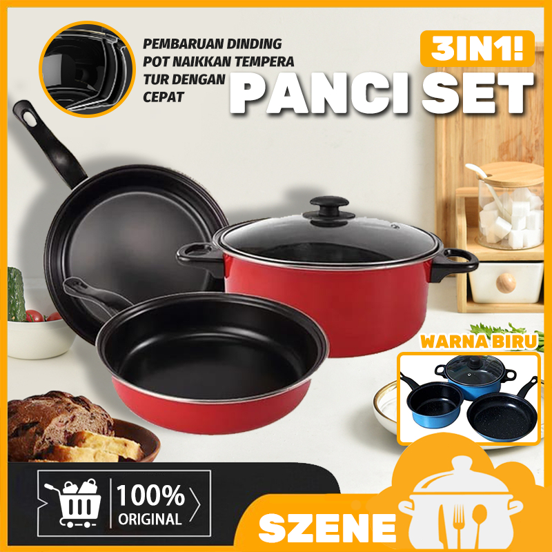 Jual Panci Set 3 IN 1 Anti Lengket Panci Isi 3 Tutup Kaca Panci Set Pot Cookware Set Anti ...