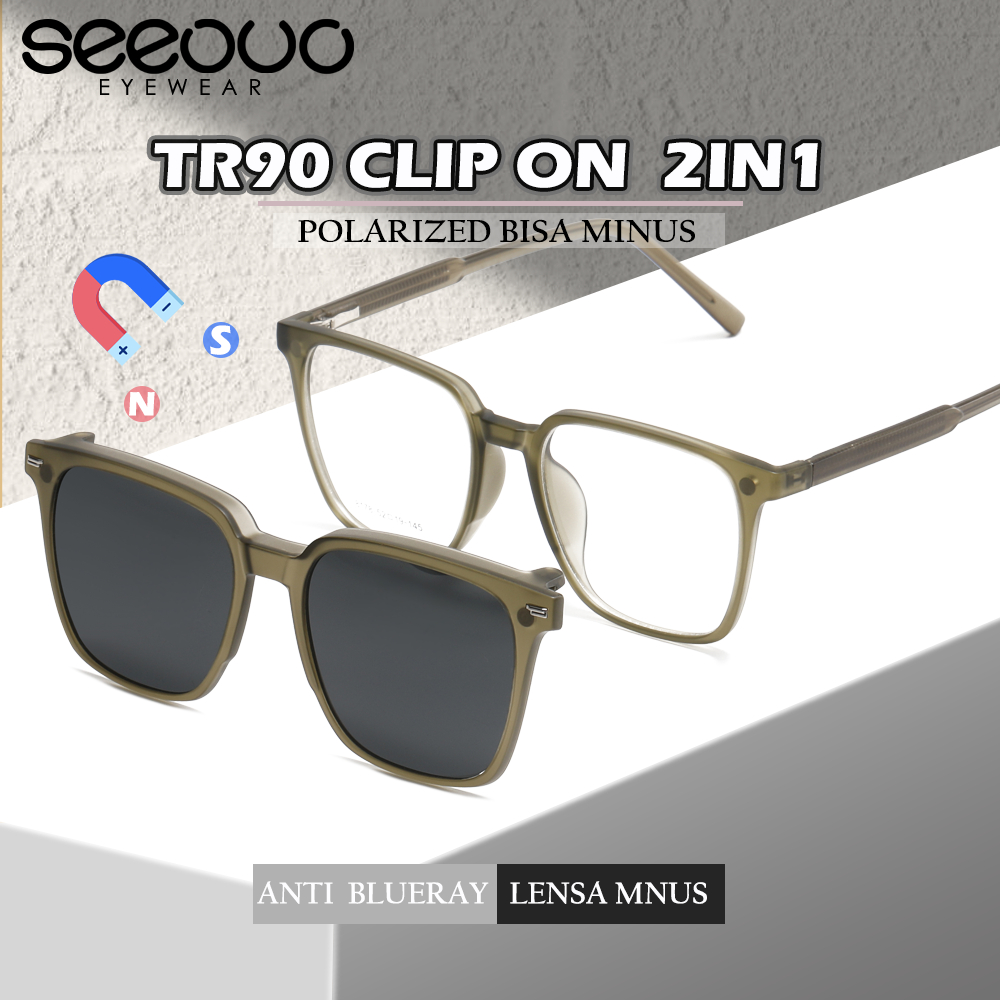 Jual Seeouo Kacamata Clip On 2in1 Free Clip Polarized Lens Model Kotak Bahan TR90+Metal Pria ...