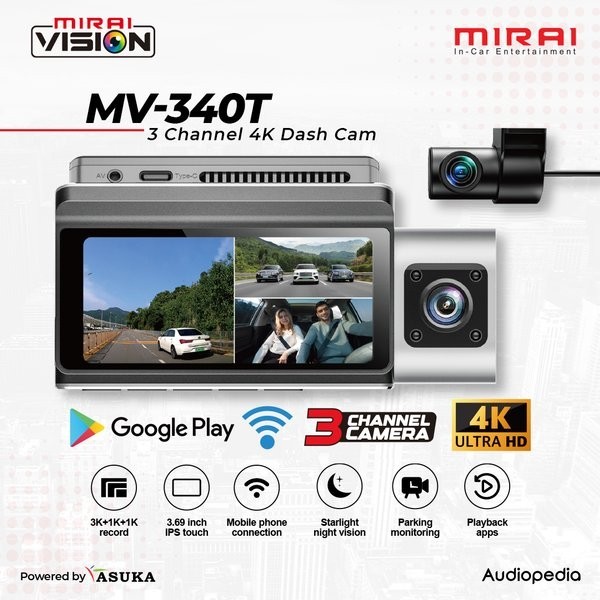 Jual Dash Cam Mirai Vision MV-340T DVR 4K 3-Channel / Kamera Dashboard ...