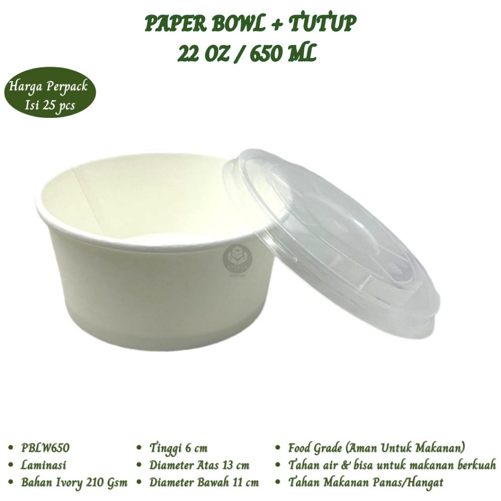 Jual Paper Bowl 650 Ml dan Tutup Mangkok Kertas (Isi 25 Pcs-PBLW650 ...