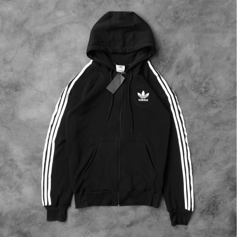 Jual Jaket Sweater Zipper ADIDAS Hitam Stripe Three Putih Fulltag ...