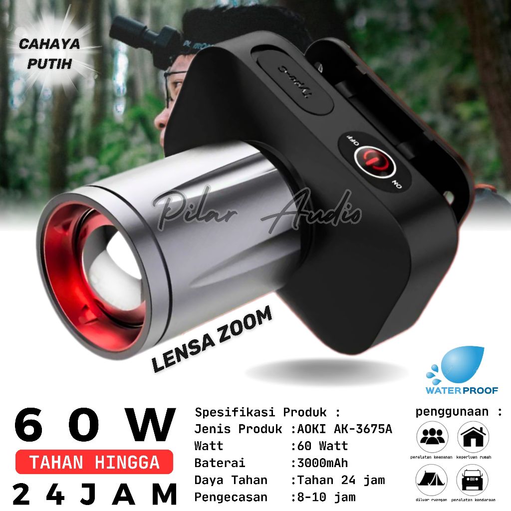 Jual Senter Kepala 60 watt Zoom Led AOKI AK-3671A/3675A Headlamp Super Terang Cahaya Putih Dan ...