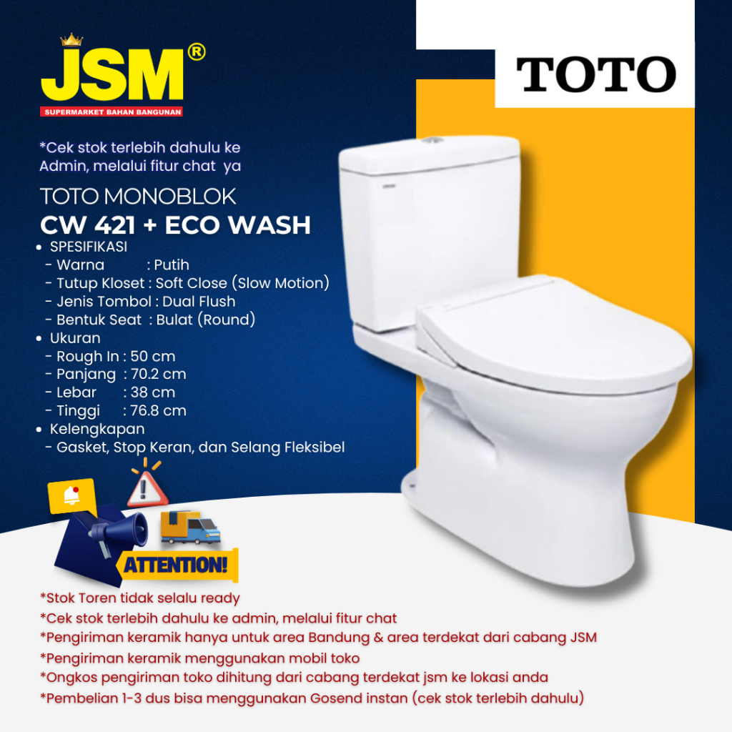 Jual Toto Kloset Closet Duduk Dual Flush CW421 + Eco Washer Putih - JSM ...