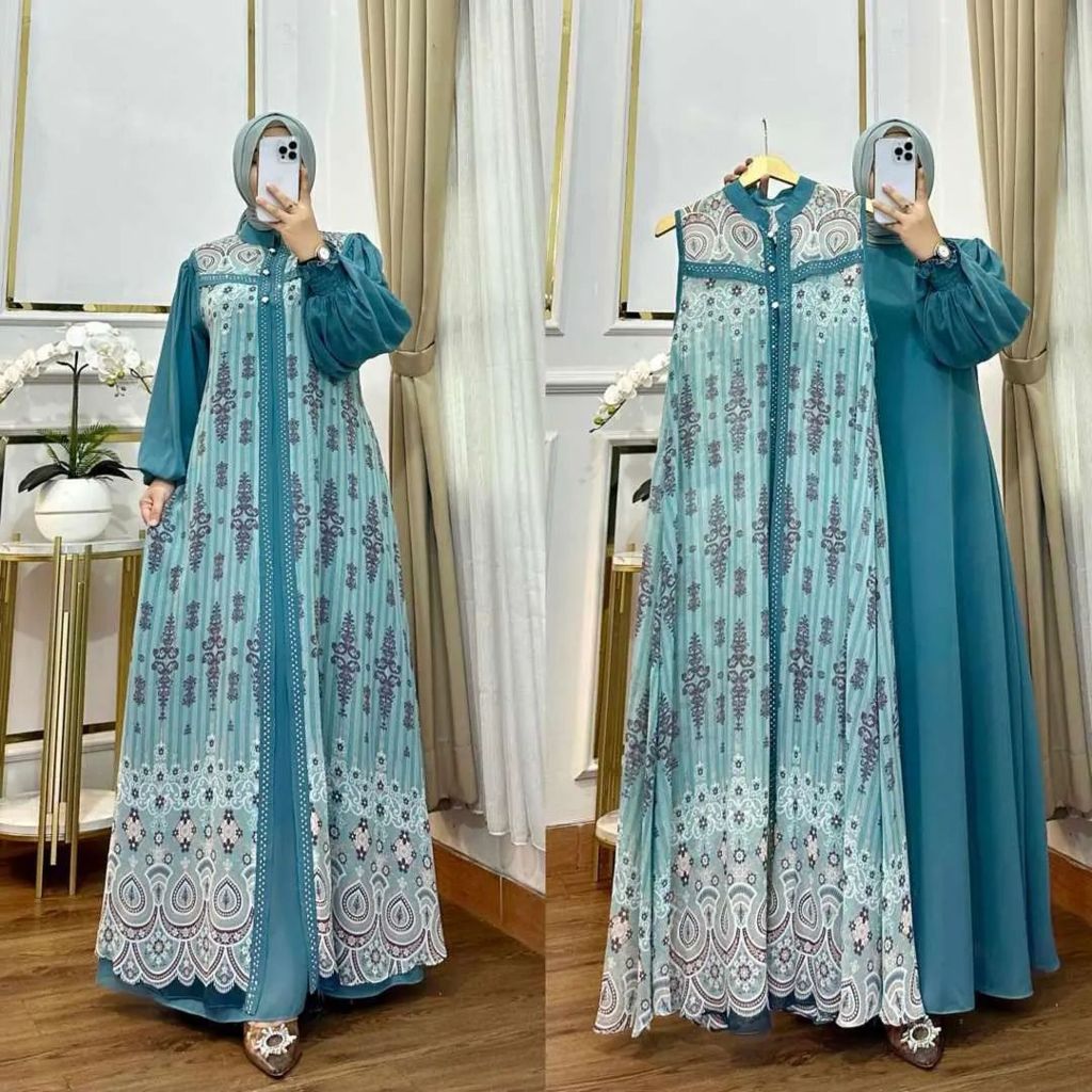 Jual Vallery Dress 2in1 Outher+Inner Motif Kekinian Terbaru 2024 Gamis ...