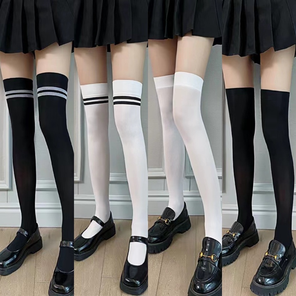 Jual Stocking Paha Wanita Polos & Bergaris Women Thigh High Plaid ...