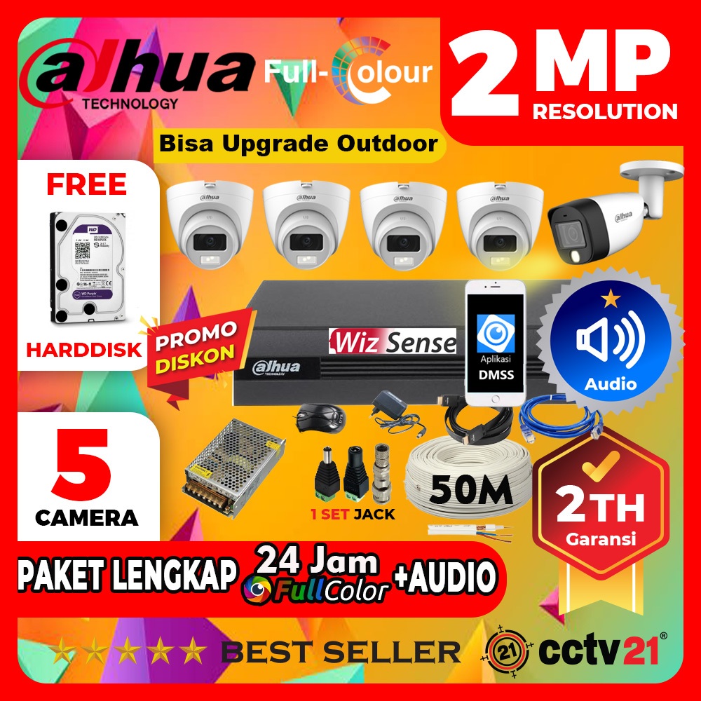 Jual Paket Lengkap cctv DAHUA Full color Audio Colorvu 5 kamera Camera 5CH Komplit Tinggal ...