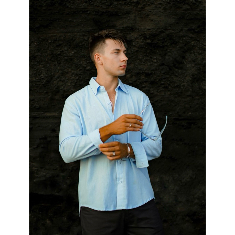 Jual BEACHWELL Kemeja Pria Biru Muda Polos Lengan Panjang Linen Krinkel ...