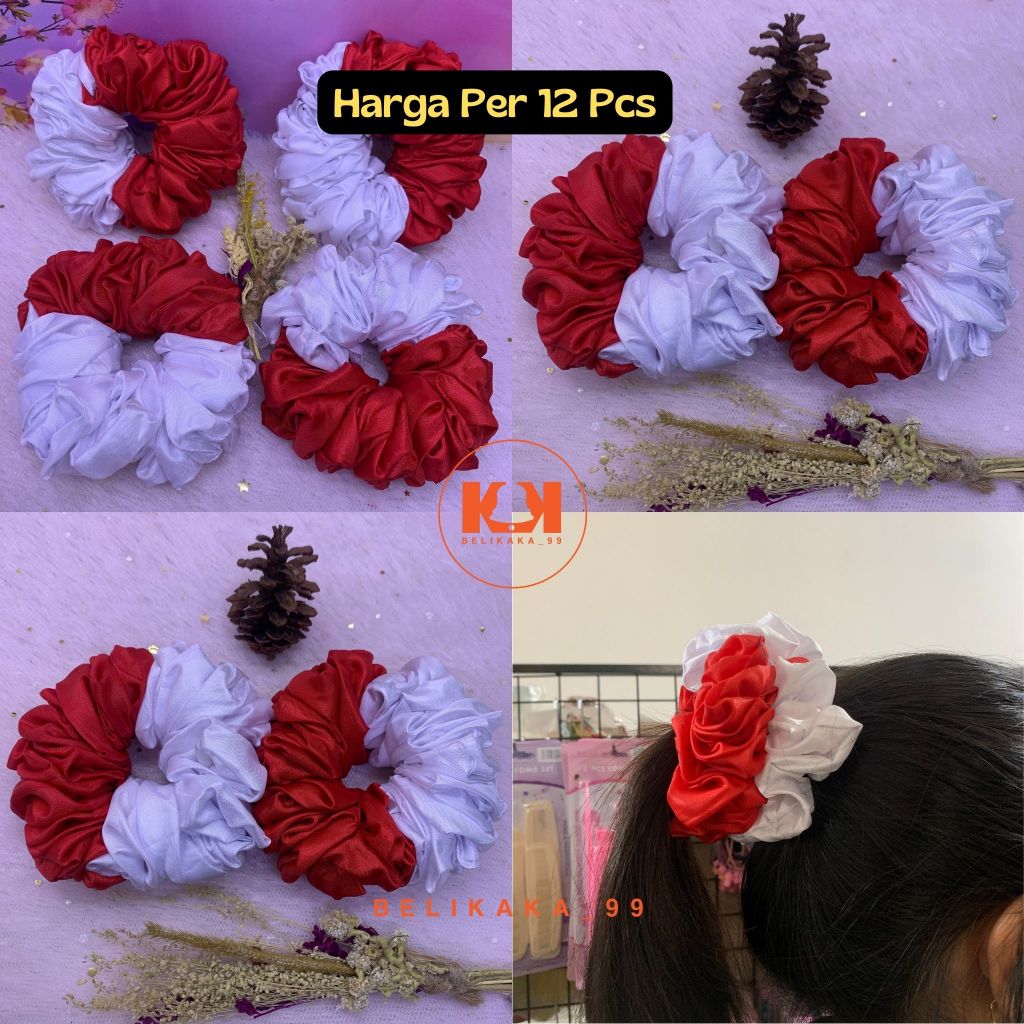 Jual (12 PCS) IKAT RAMBUT SCRUNCHIE PREMIUM JUMBO WARNA MERAH PUTIH ...