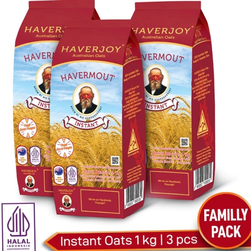 Jual Haverjoy Havermout Family Pack Instan Oats 1Kg - 3 Pcs | Shopee ...