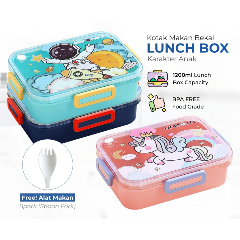 Jual Lunch Box 2574 Lucu Anak TK SD Kotak Bekal 3 Sekat Karakter Unicorn Dino Astronot 1200ML ...