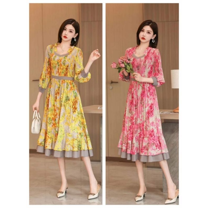 Jual Dress Plisket bunga Premium import Guangzhou | Shopee Indonesia