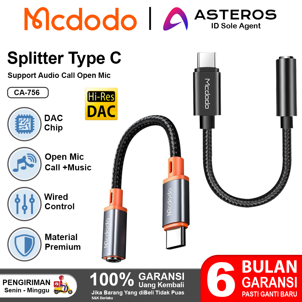 Jual MCDODO Splitter Type C to Jack 3.5mm For Samsung Oppo Mi Realme ...