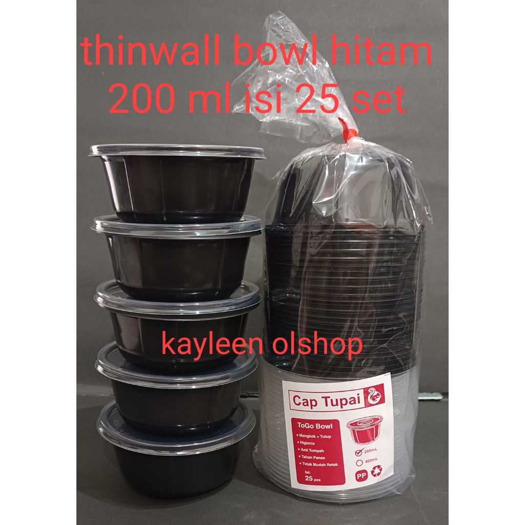 Jual Thinwall Round Bowl HITAM 200ml & 400ml + Tutup (isi 25 pcs ...