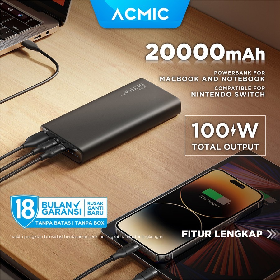 Jual ACMIC ULTRA 20000mAh Powerbank 100W Type C Super Fast Charging ...