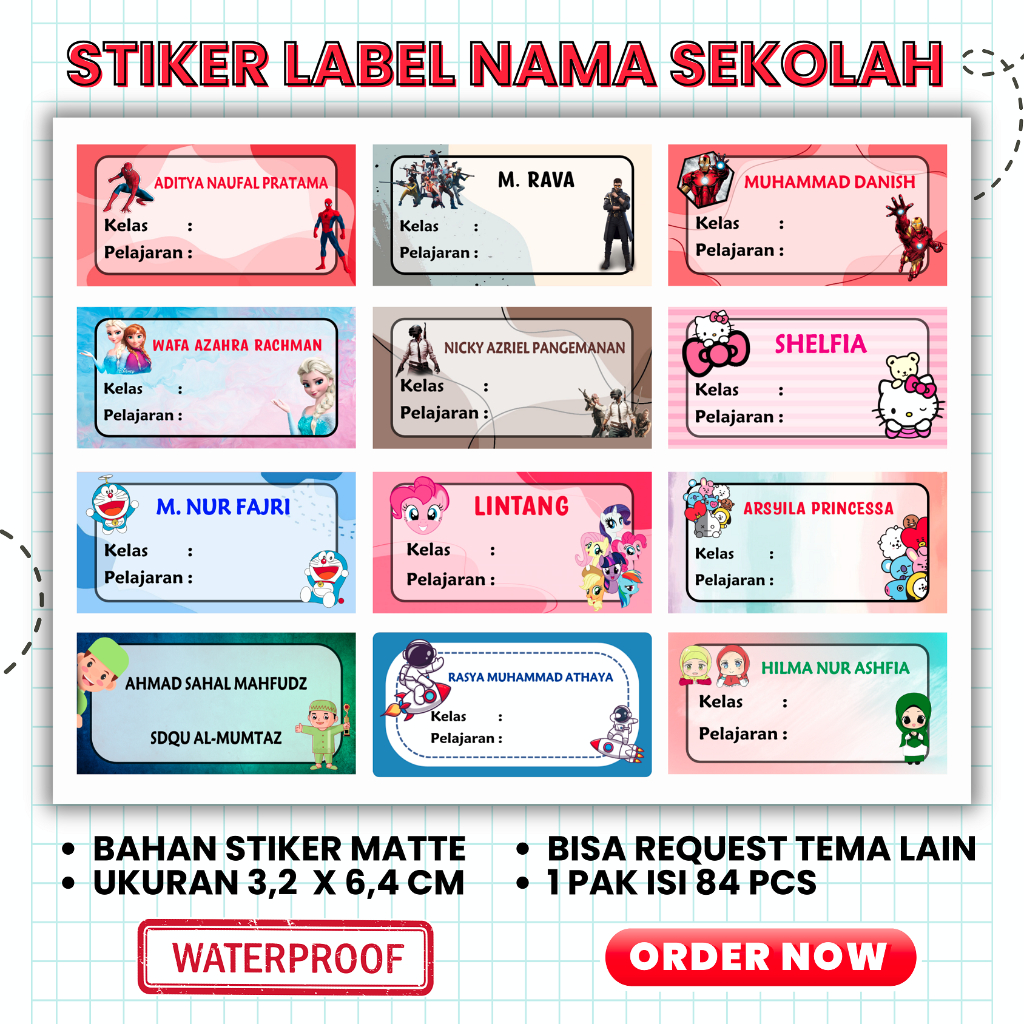 Jual (isi 84 pcs dan isi 24 Pcs) cetak stiker label nama sekolah ...