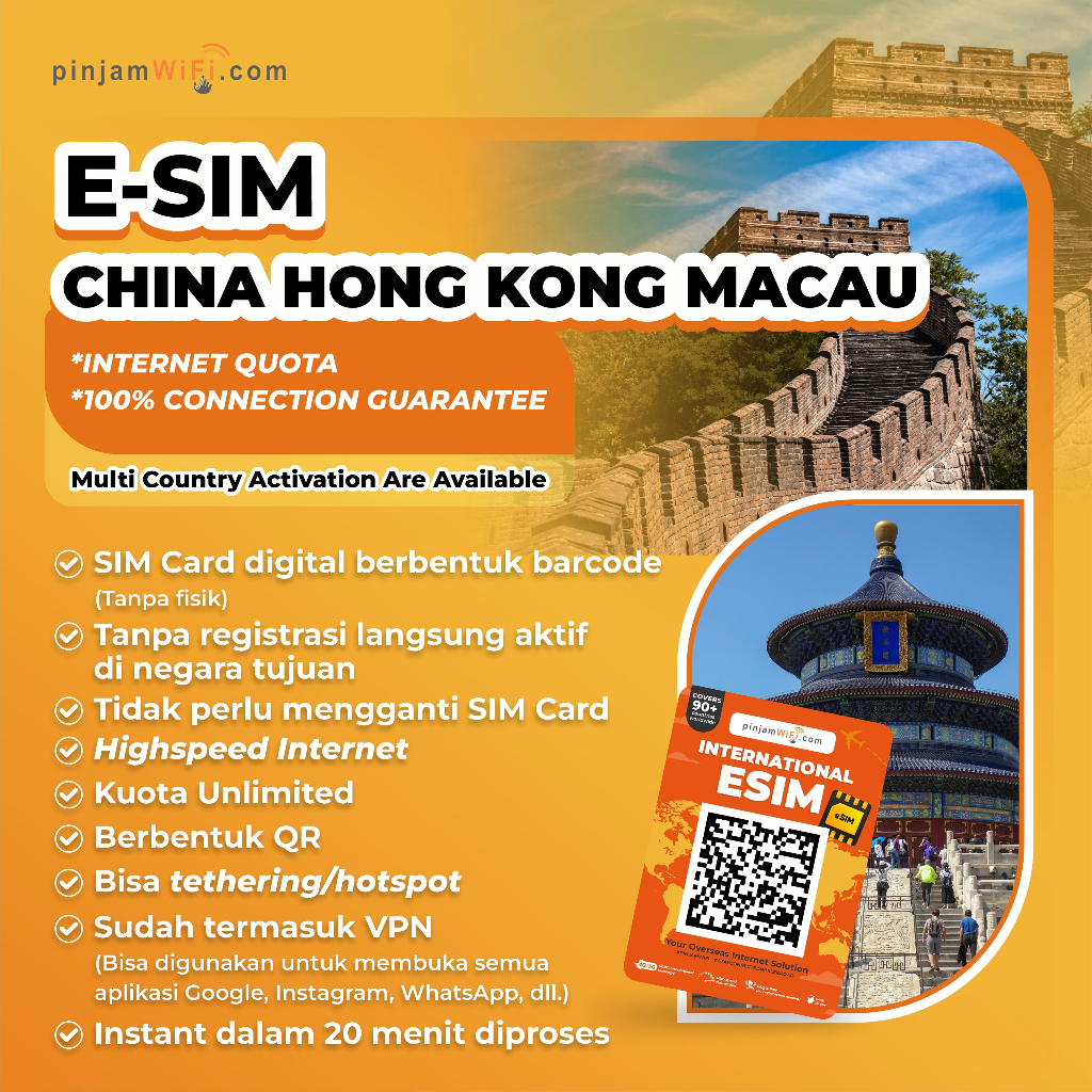 Jual PINJAM WIFI e-SIM China Hongkong Macao Premium Total Quota I ESIM ...