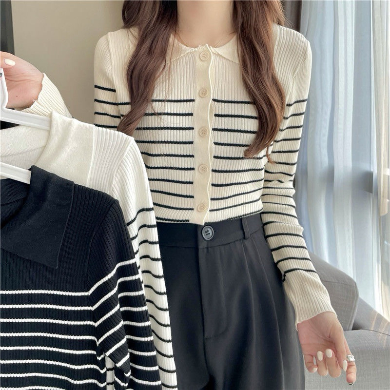 Jual Women Cardigan Striped Long Sleeve Collar Button Cardy Kancing ...