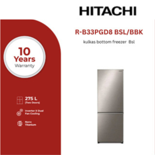 Jual HITACHI Kulkas 2 Pintu Bottom Freezer 275 Liter R-B33PGD8 BSL | Shopee Indonesia