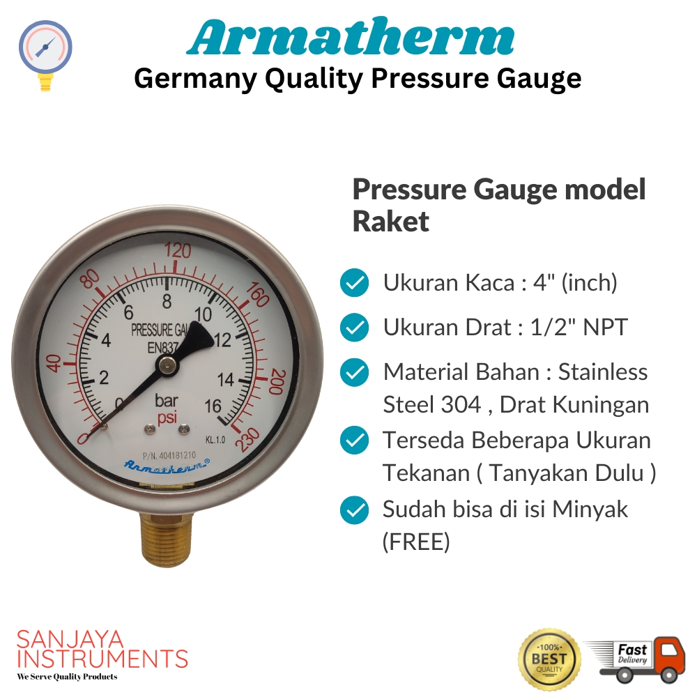 Jual ARMATHERM Pressure Gauge 4" inch 1 - 700 Bar Drat 1/2 Model Raket / Manometer SS Brass ...