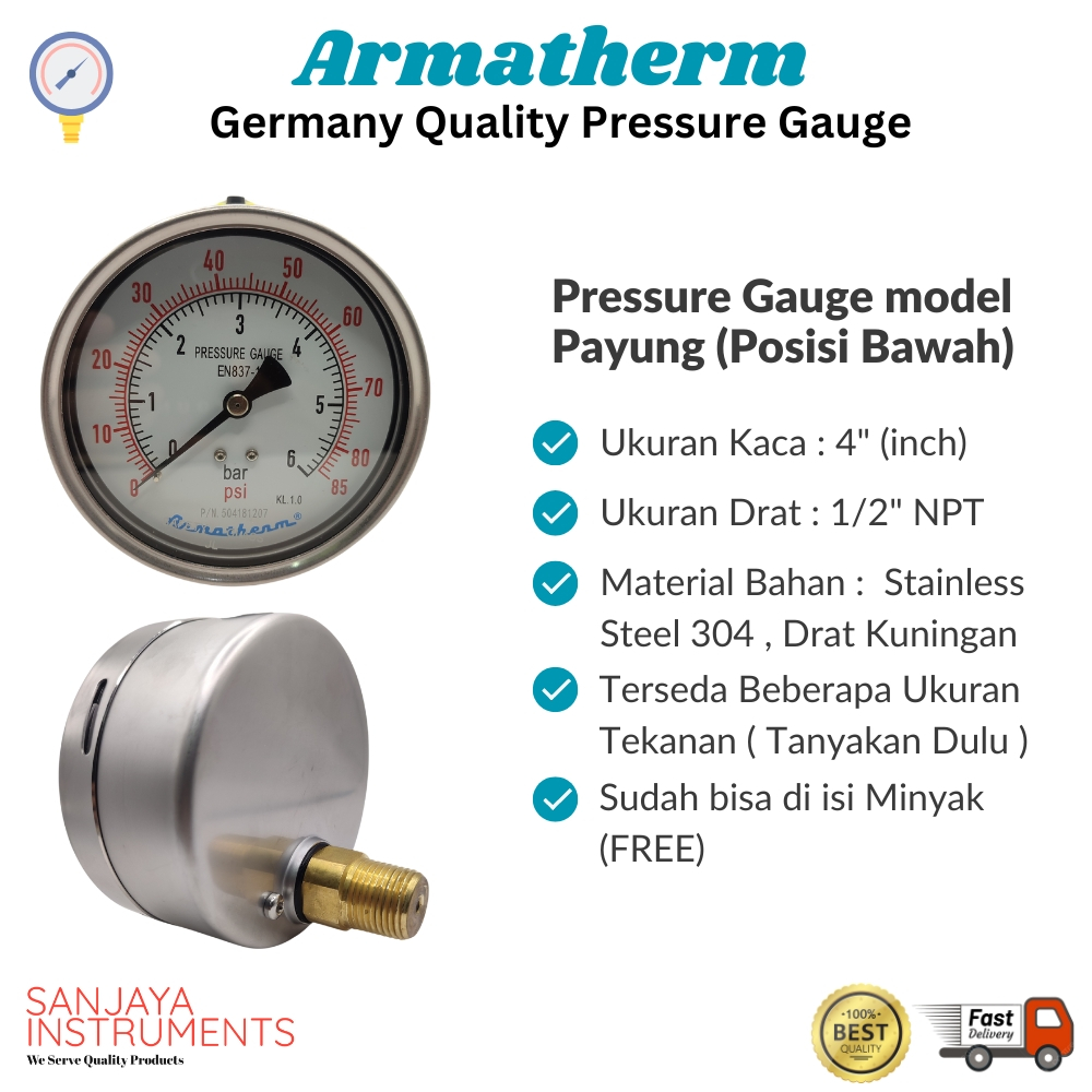 Jual ARMATHERM Pressure Gauge 4" inch 6 - 1000Bar Drat 1/2 Payung Lower Back SS Brass | Shopee ...