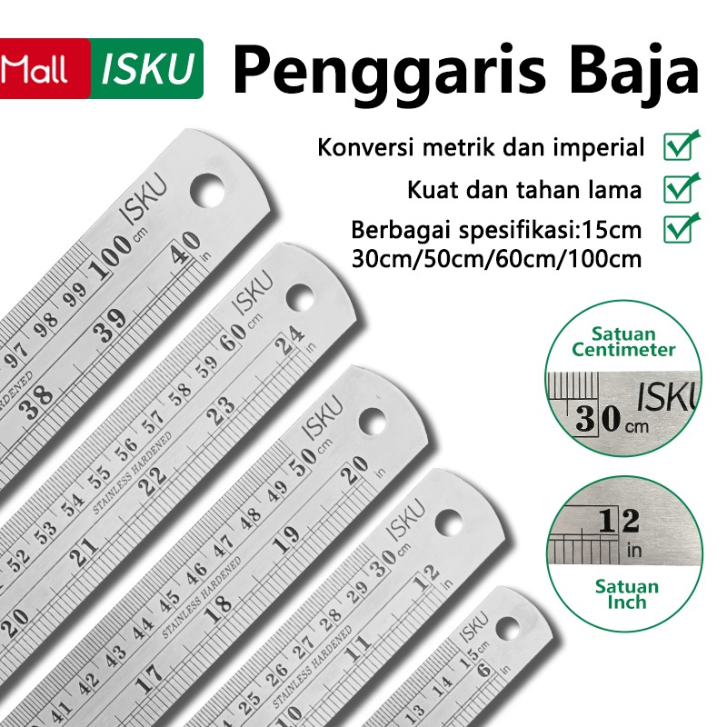 Jual ISKU Penggaris Besi 15/30/50/60/100cm Stainless Steel Ruler | Shopee Indonesia