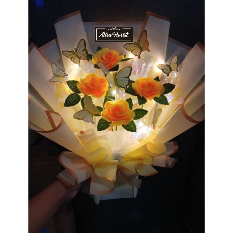 Jual (READY STOK) Buket kupu +bunga artificial +lampu LED free kartu ...