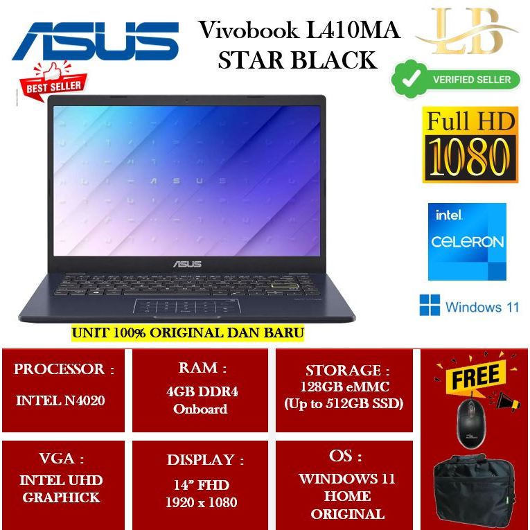 Jual Laptop Sekolah Asus Vivobook L410MA Intel N4020 4GB 320GB SSD 14 ...