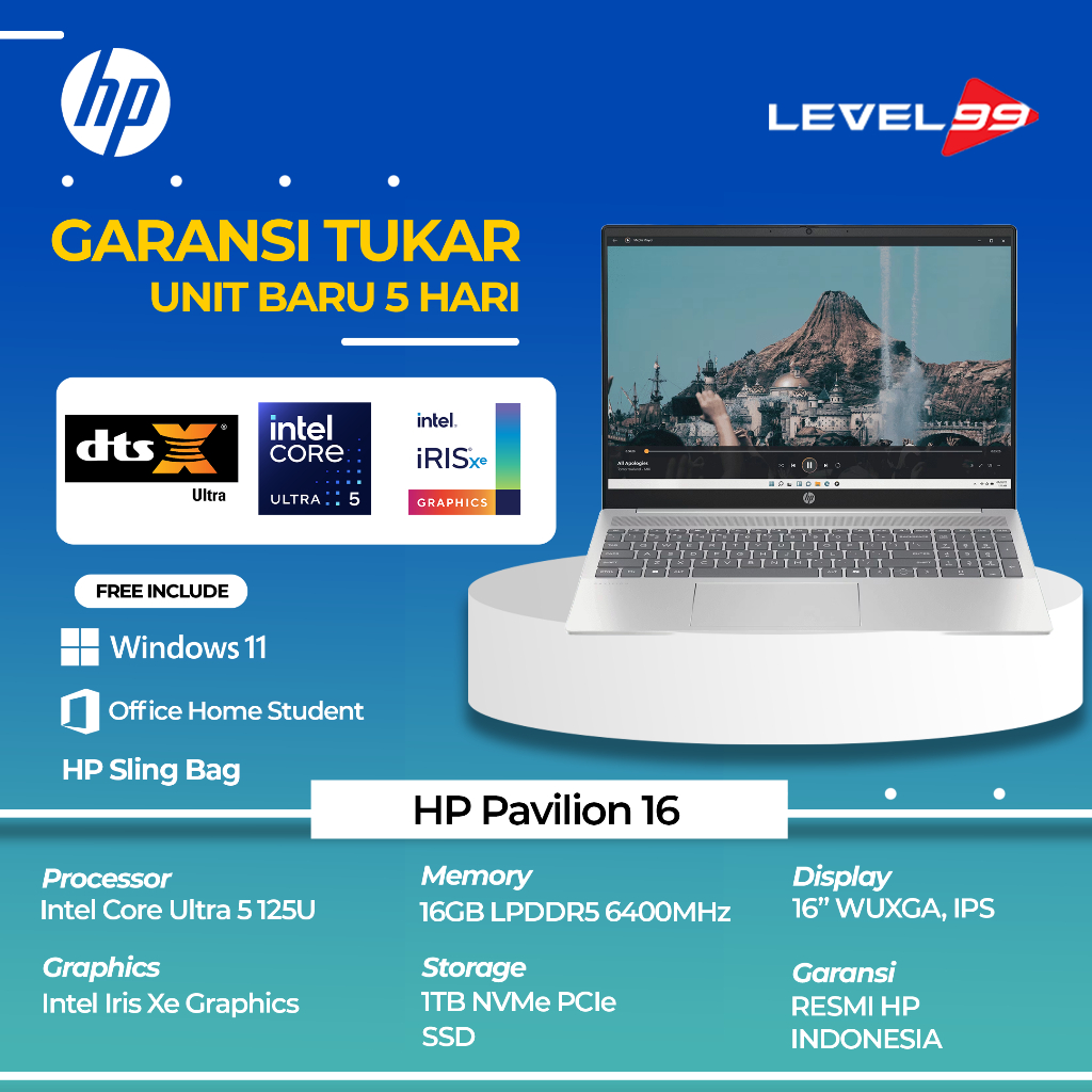 Jual LAPTOP HP PAVILION 16-AF0777TU ULTRA 5-125U/16GB/1TB/INTEL/WIN11+OHS2021/2Y+ADP/SIL/16 ...
