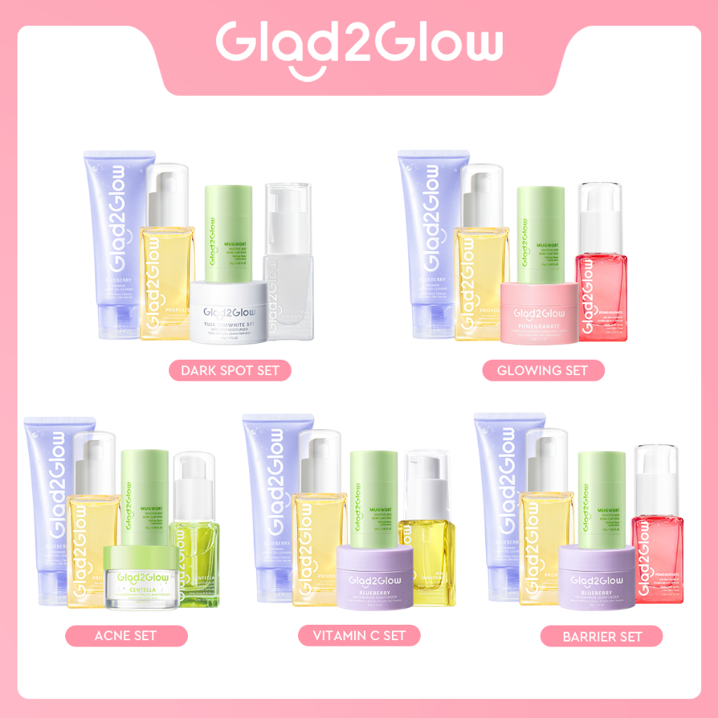 Jual Glad2Glow Paket Skincare Set 5pcs Set with Low pH Facial Cleanser ...