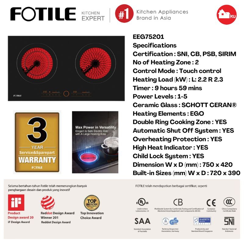 Jual [Free Gift] Kompor Listrik Vitro Ceramic Fotile EEG75201 2 Tungku ...