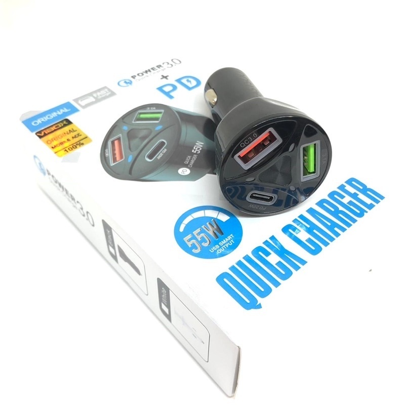 Jual PM - Car Charger 3 Port C75 USB 55W QC 3.0 Type C Saver Mobil ...