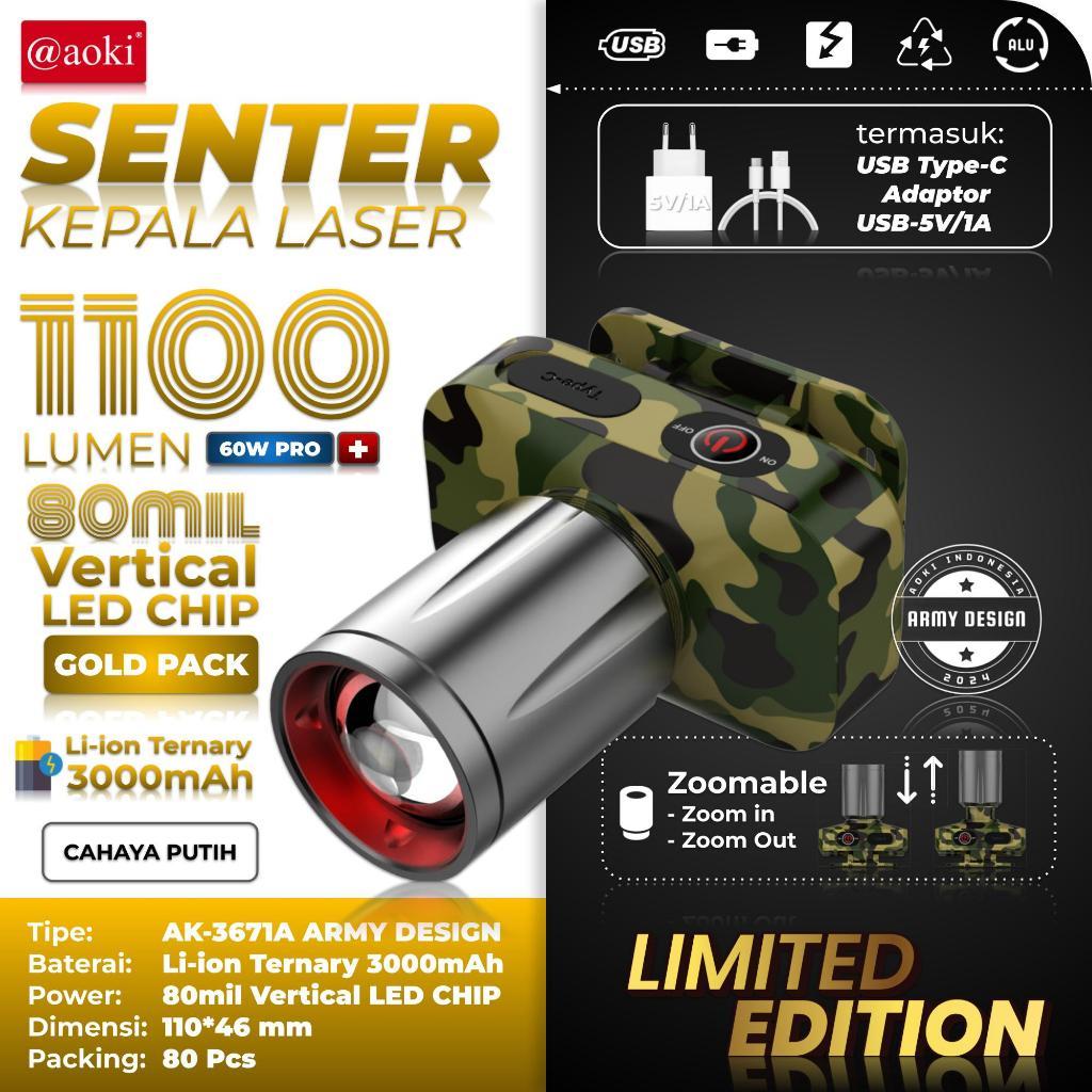 Jual SENTER KEPALA ZOOM ARMY LED 60W AOKI AK-3671A PRO+ - 1100 LUMEN - SUPER TERANG - TAHAN LAMA ...