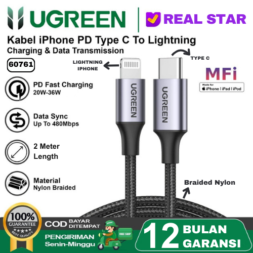 Jual Kabel Charger USB C Lightning iPhone MFI UGREEN PD 20W for IP 8 X XS XR 11 12 13 Pro 14 ...