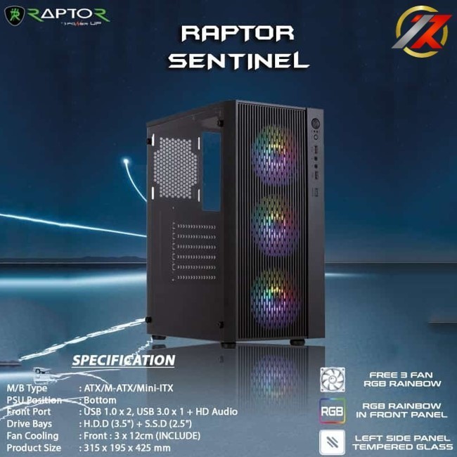 Jual POWER UP RAPTOR SENTINEL ATX With 3 Fan Case RGB | Shopee Indonesia