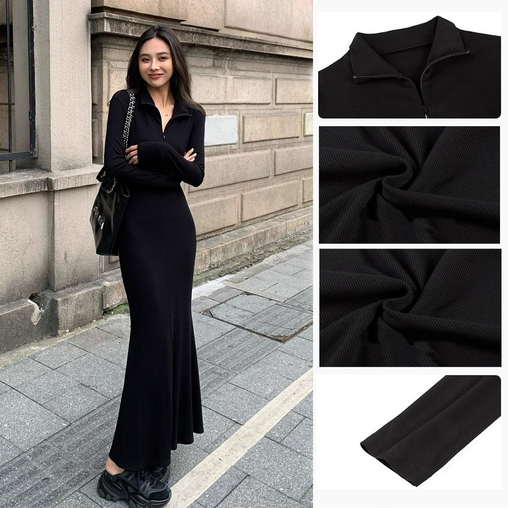 Jual KeyGirl Dress korean style hitam wanita V-neck/Casual Maxi Dress ...