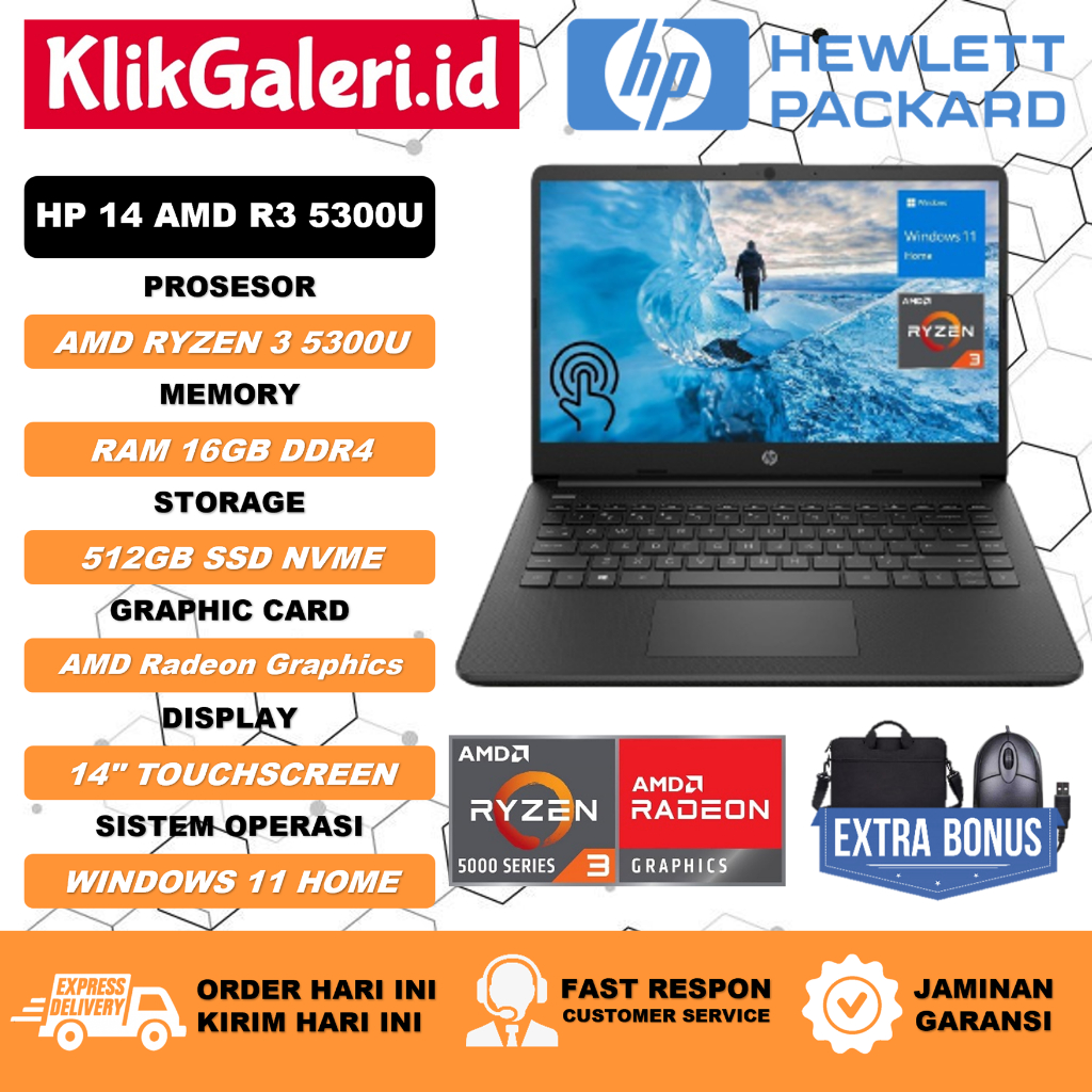 Jual Best Seller HP 14 Amd Ryzen 3 5300U RAM 16GB 512GB SSD Touchscreen ...