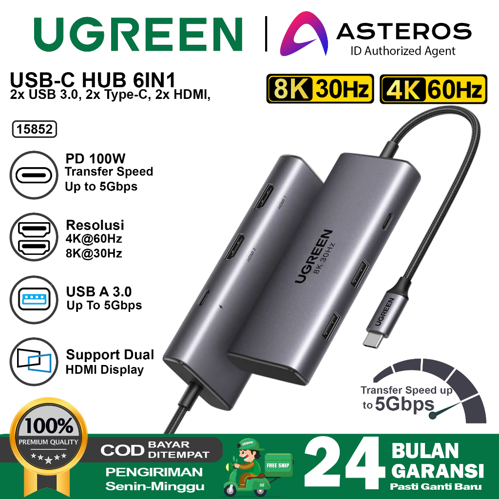 Jual UGREEN Hub 6IN1 Type C to Dual HDMI 8K/30Hz 4K/60Hz USB 3.0 PD 100w Fast Charging 15852 ...