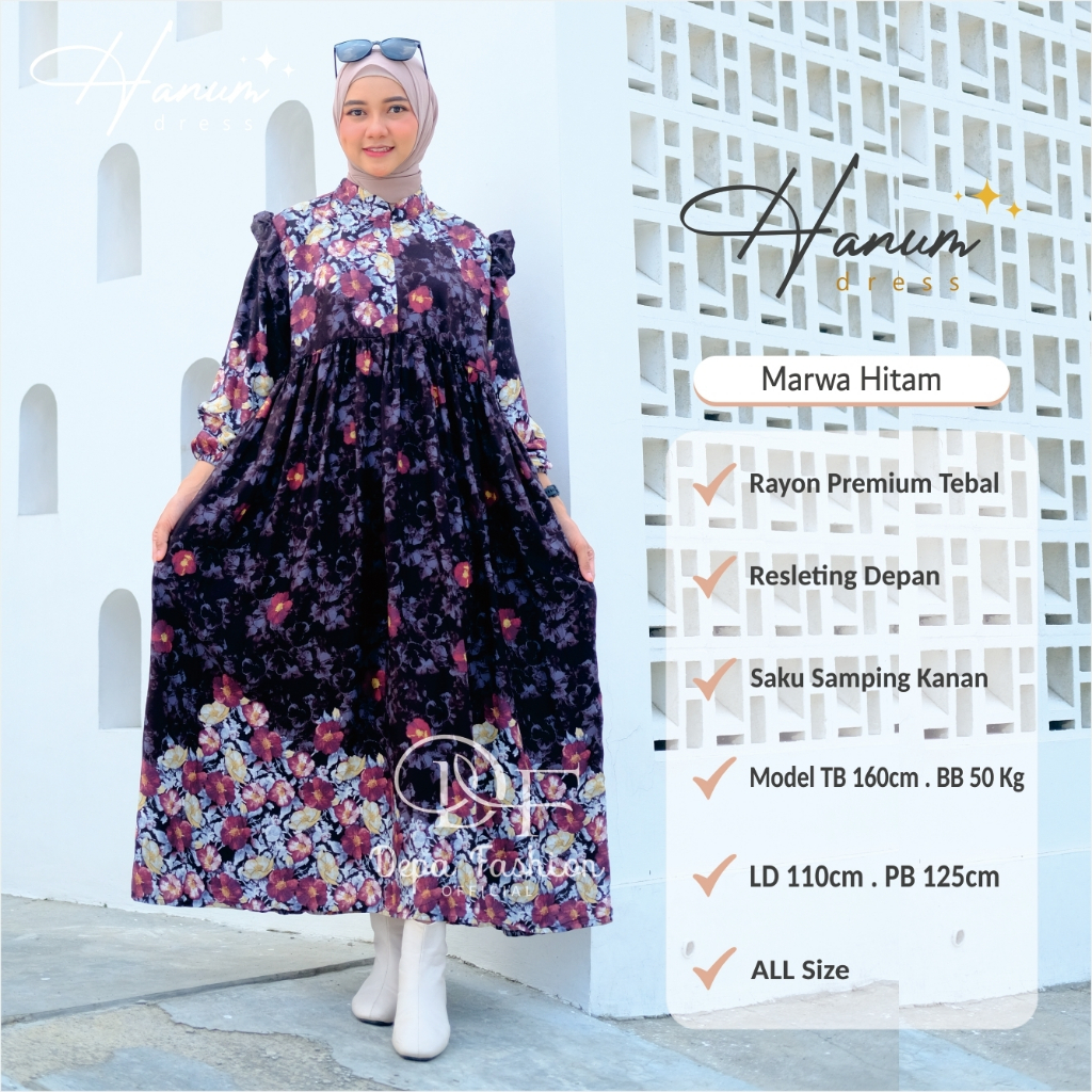 Jual Gamis Midi Hanum Dress Motif Bunga Marwa Hitam Katun Rayon Premium Etnik Kondangan Yumi ...