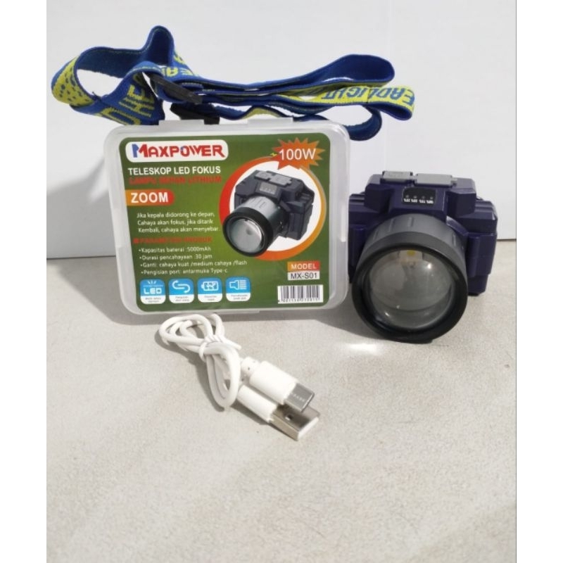 Jual SENTER KEPALA ZOOM DUA BATERAI 100 WATT MAX POWER/LED TELESKOP FOKUS CAHAYA SUPER TERANG ...