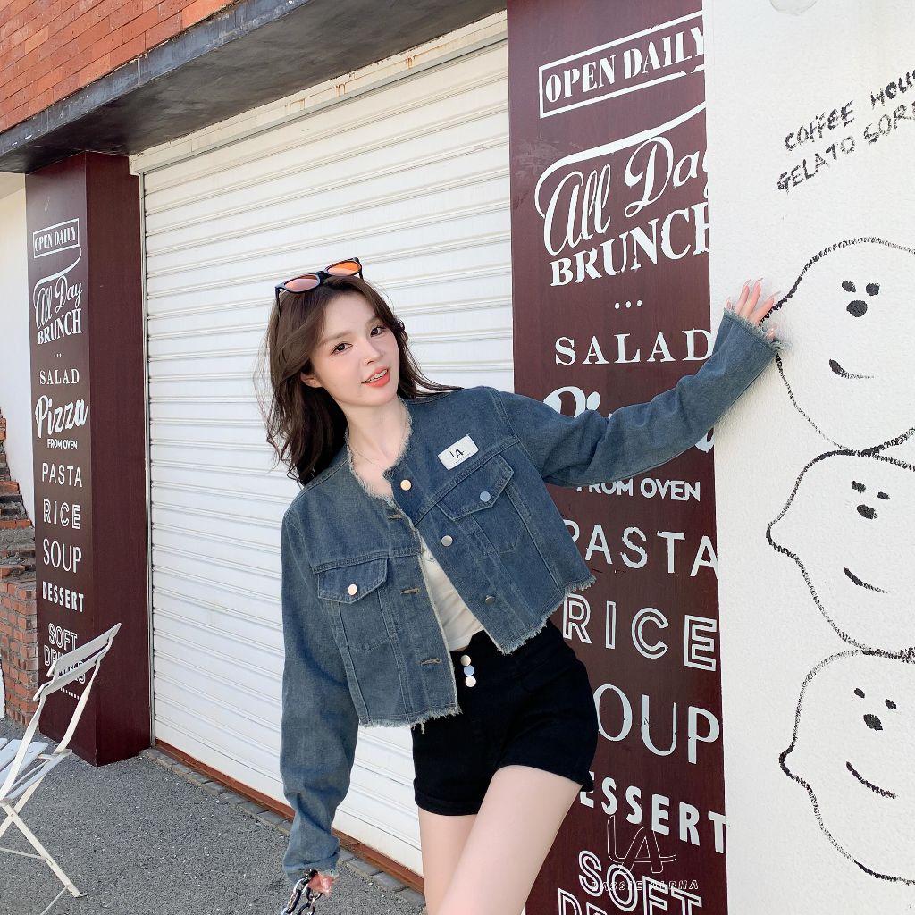 Jual Lassie Alpha JW06 Jaket denim jeans Cropped Ripped Dark Blue Jaket ...