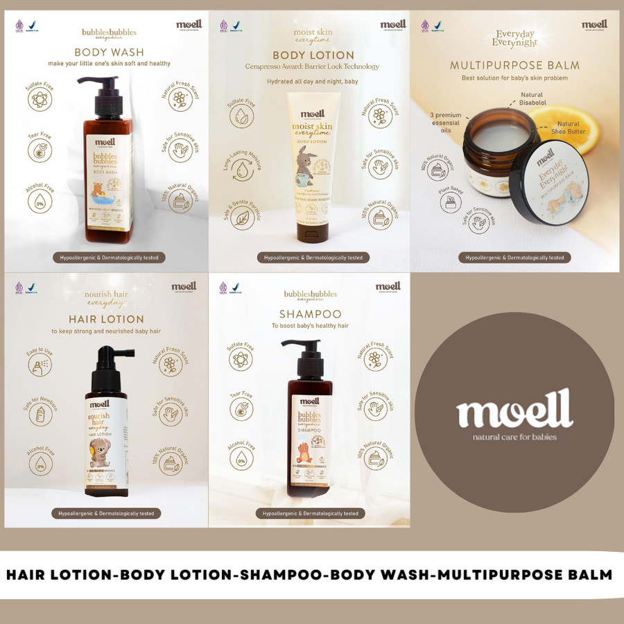 Jual Moell Hair Lotion, Shampoo, Body Wash, Multipurpose Balm, Body ...