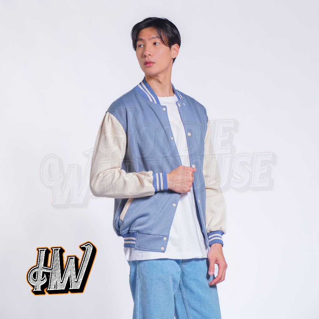 Jual Jaket Basebal Varsity Kancing Denim Tangan Cream Polos Pria dan ...