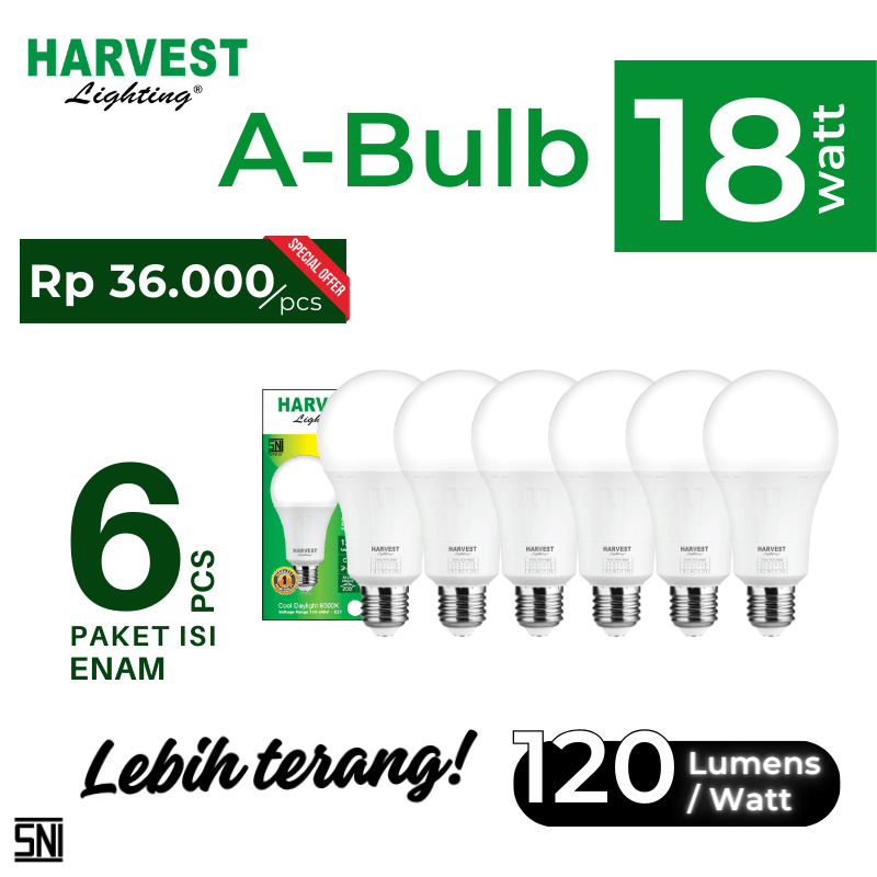 Jual Harvest Lighting 18 Watt PAKET ISI 6 A-Bulb Lampu Bohlam LED 18w Hemat Energi Original ...